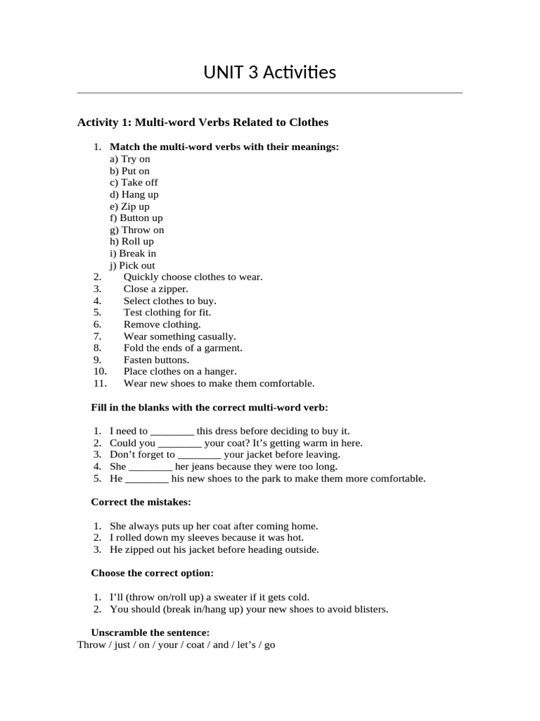UNIT 3 Activities | PDF | Clothing | Fashion
