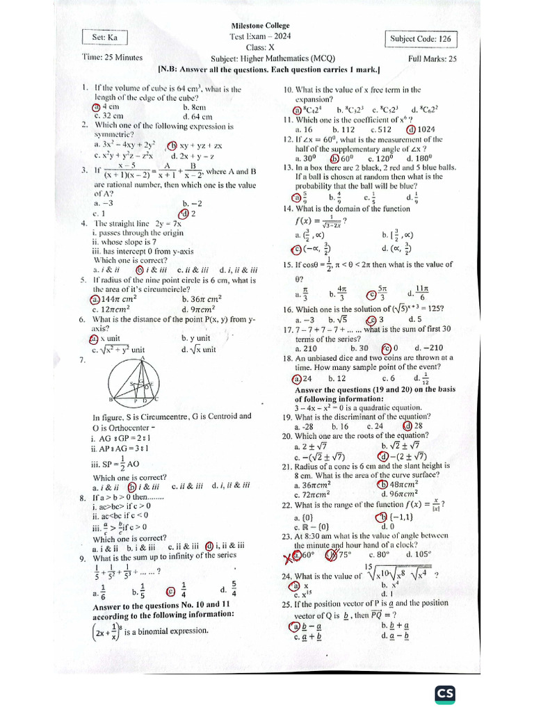 X H.math MCQ Solution | PDF