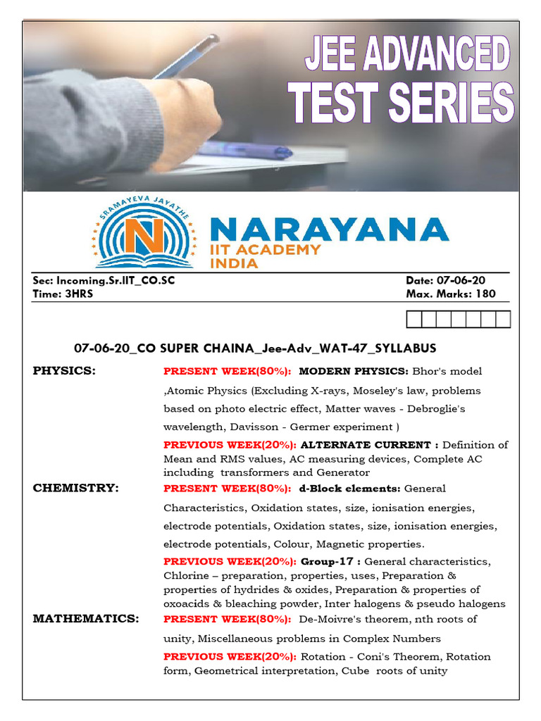 07-06-20 - WAT-47 - 2014-P1 - QP - Key | PDF | Atoms | Electron