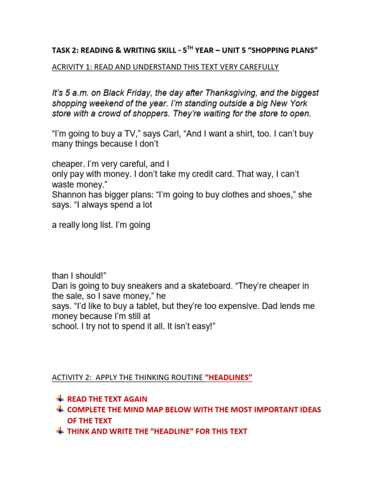 Task 2 Reading Writing Skill 5TH Year Enit 5 Shopping Plans | PDF ...
