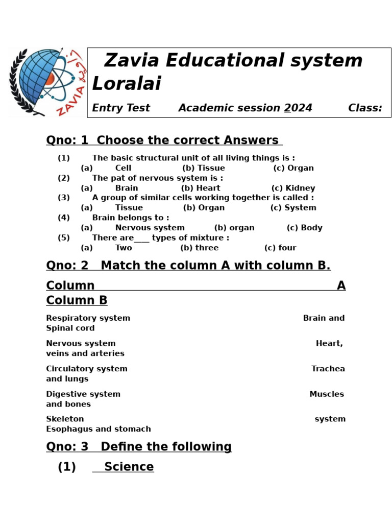 Entry Test class5th | PDF