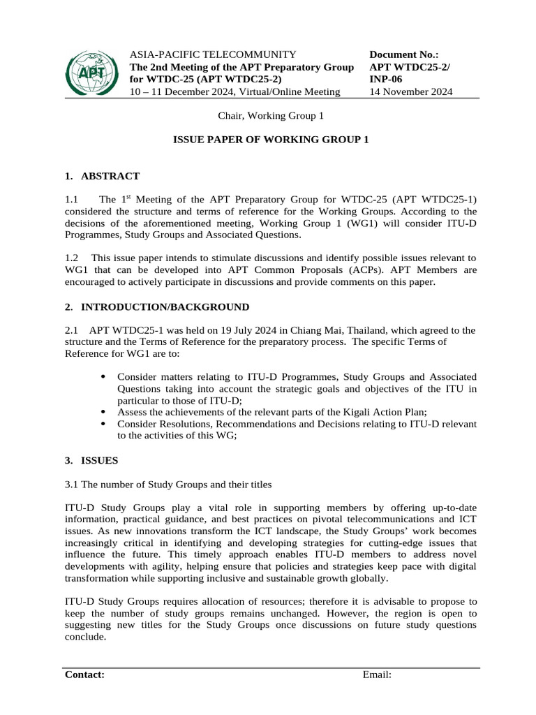 APT-WTDC25-2-INP-06 Issue Paper of WG1 | PDF | Information And Communications Technology ...