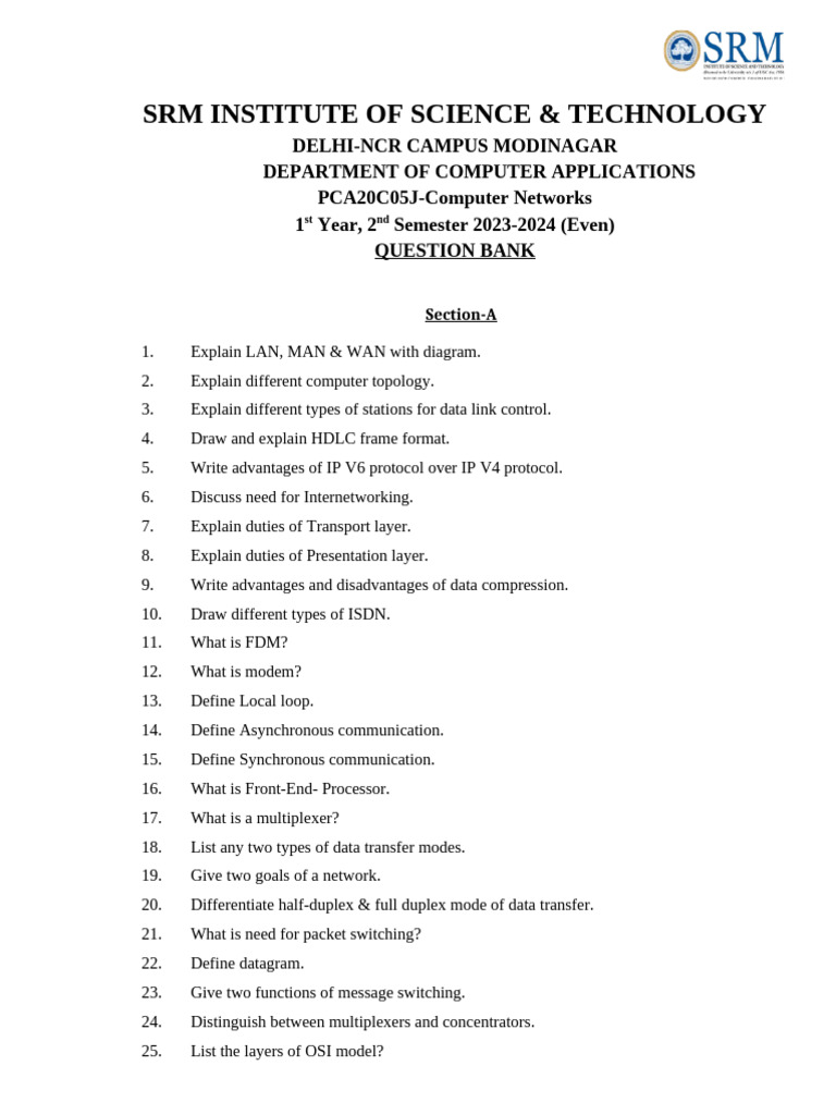Question Bank | PDF | Computer Network | Osi Model