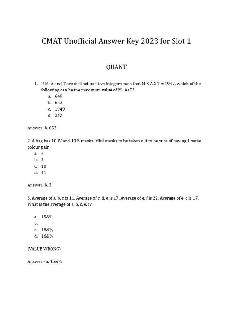 CMAT 2023 Slot 1 Answer Key | PDF