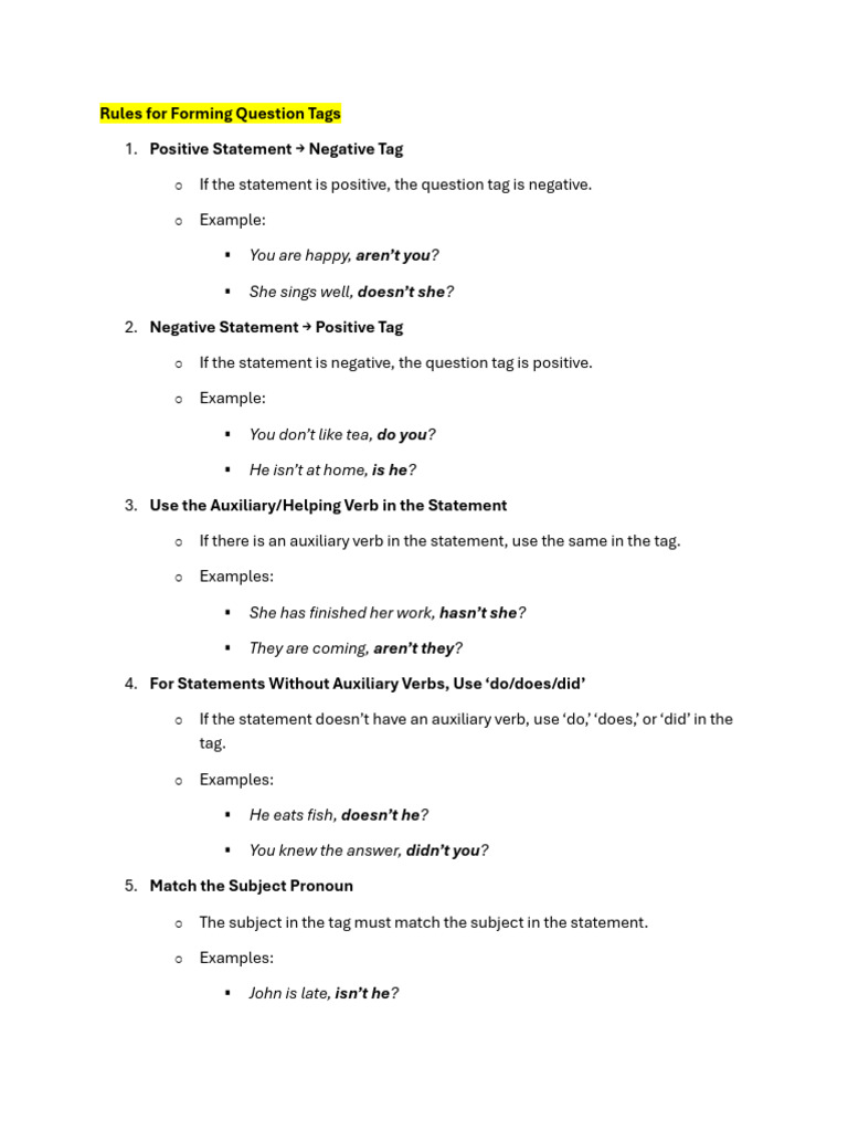 Rules for Forming Question Tags | PDF