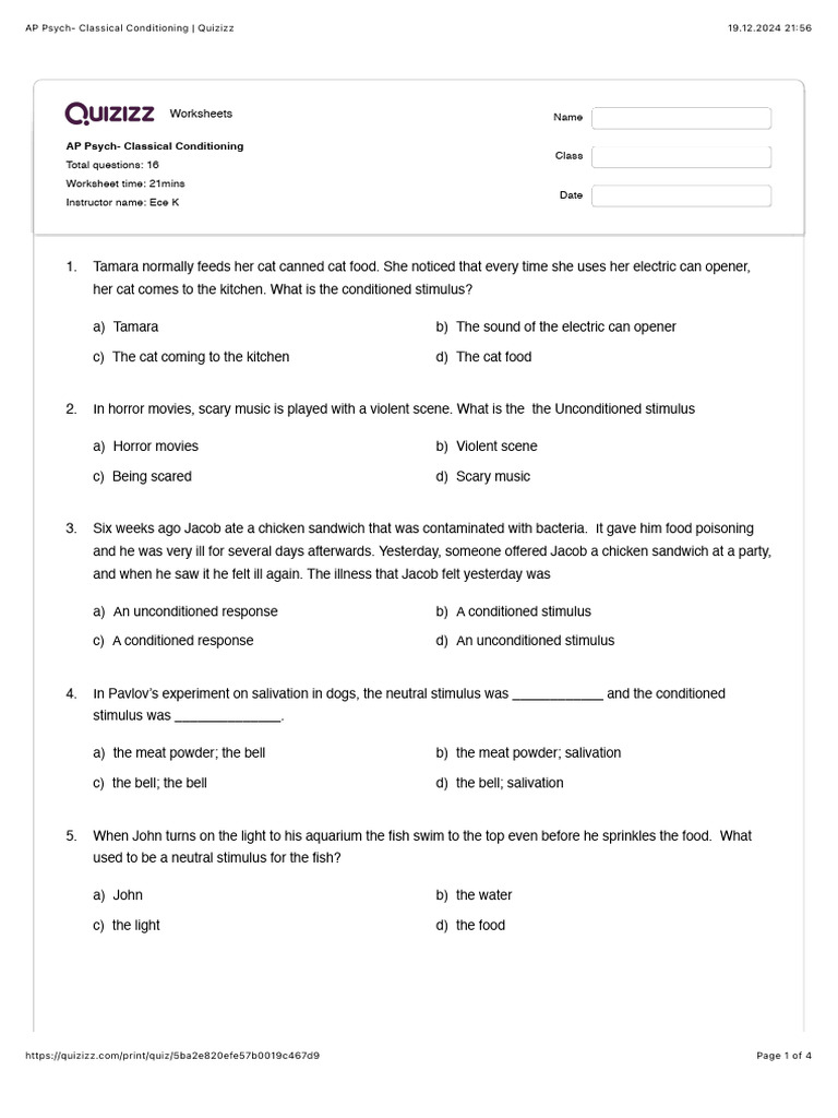 AP Psych - Classical Conditioning - Quizizz | PDF | Classical ...