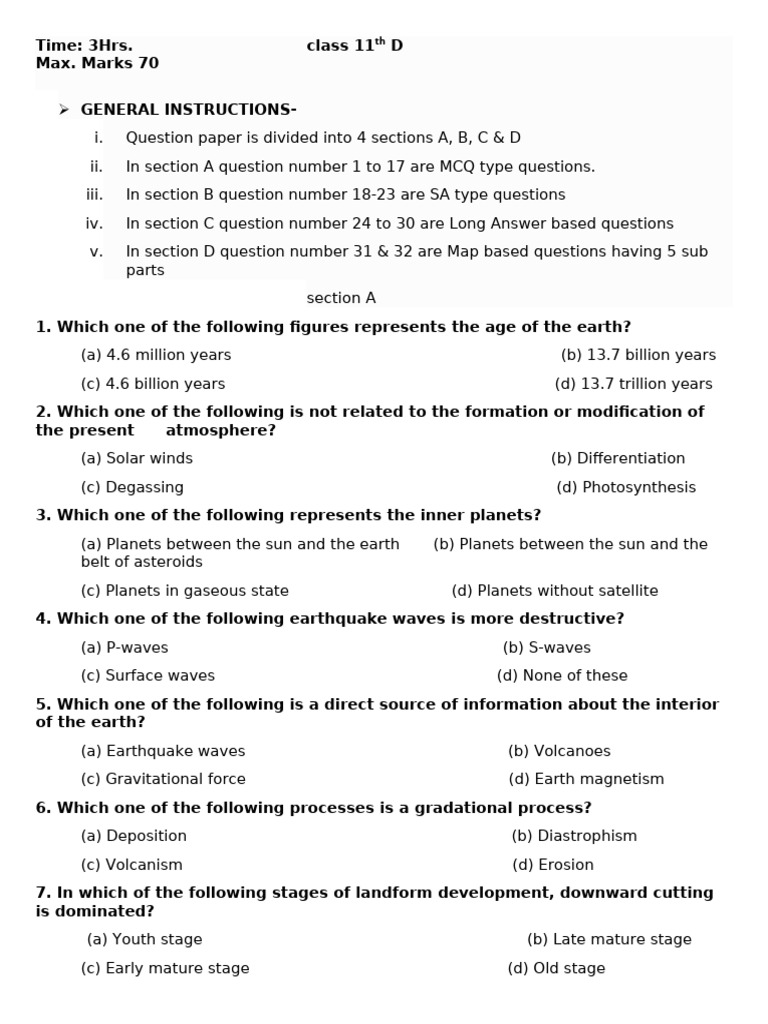 CLASS 11TH PAPER | PDF | Earth | Planets