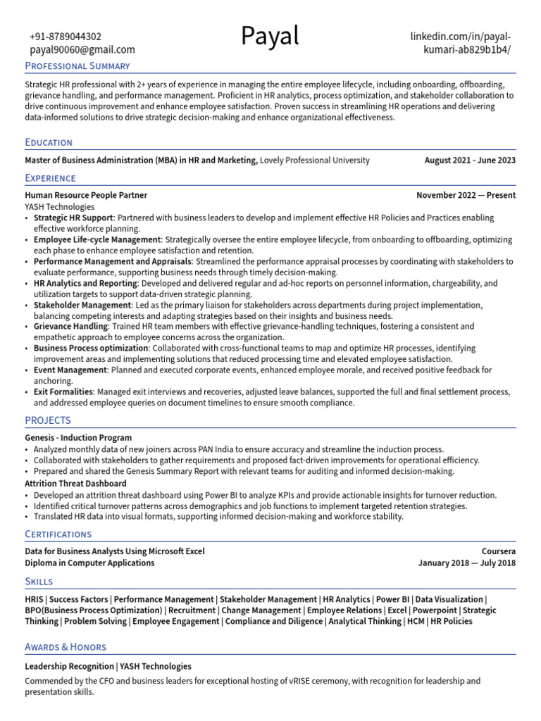 Payal Human Resources Business Partner Wells Fargo Resume | PDF | Human Resource Management ...