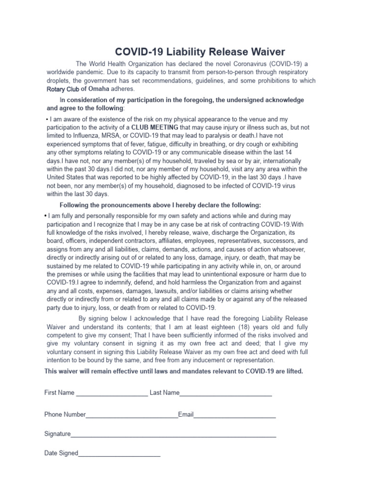 covid-release-form-pdf(1) | PDF | Indemnity | Clinical Medicine