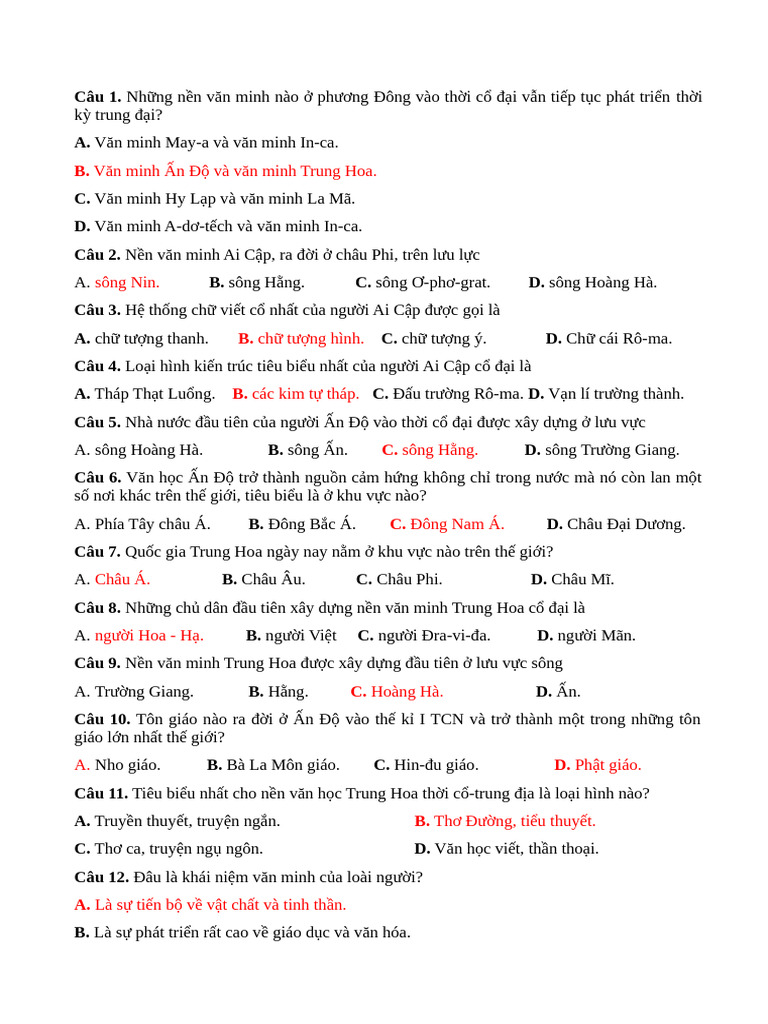 ĐỀ CƯƠNG CUỐI HKI-10-ĐÁP ÁN | PDF