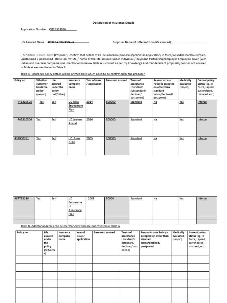 IIB Declaration of Insurance Detail - Docx Apurba | PDF | Insurance ...