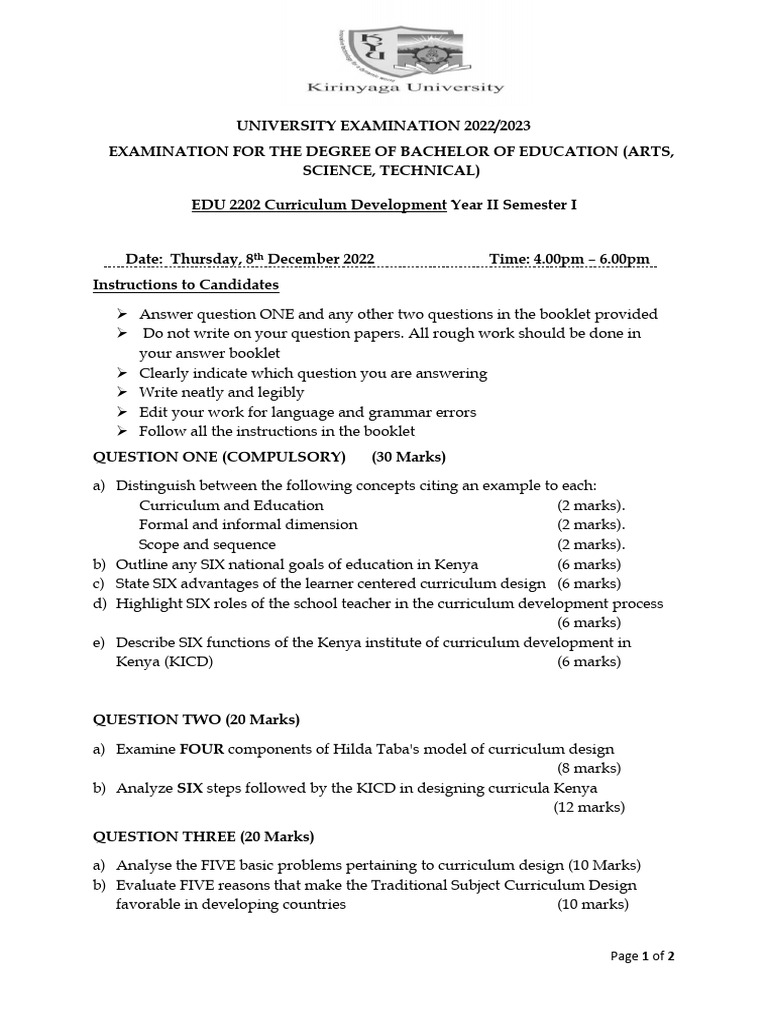 EDU 2202 Curriculum Development Year II Semester I | PDF | Curriculum | Behavior Modification