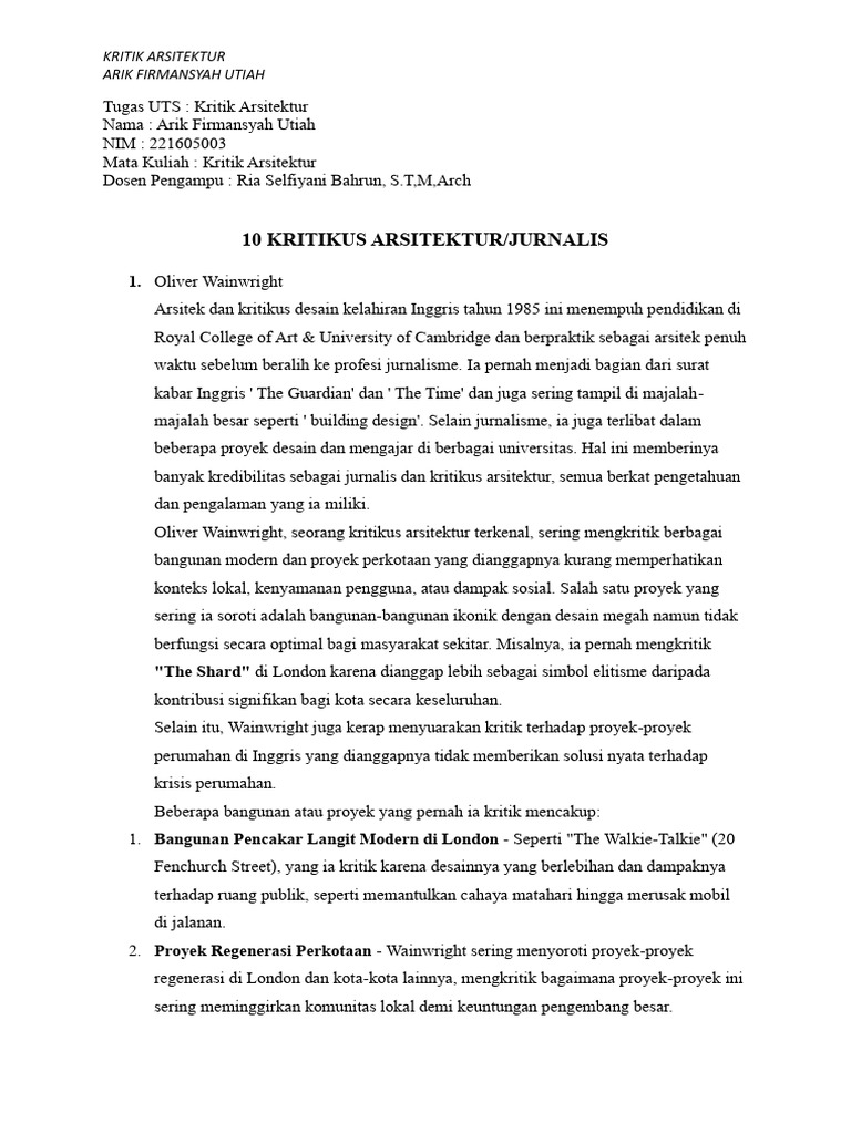 Tugas UTS Kritik Arsitektur Arik Firmansyah Utiah | PDF