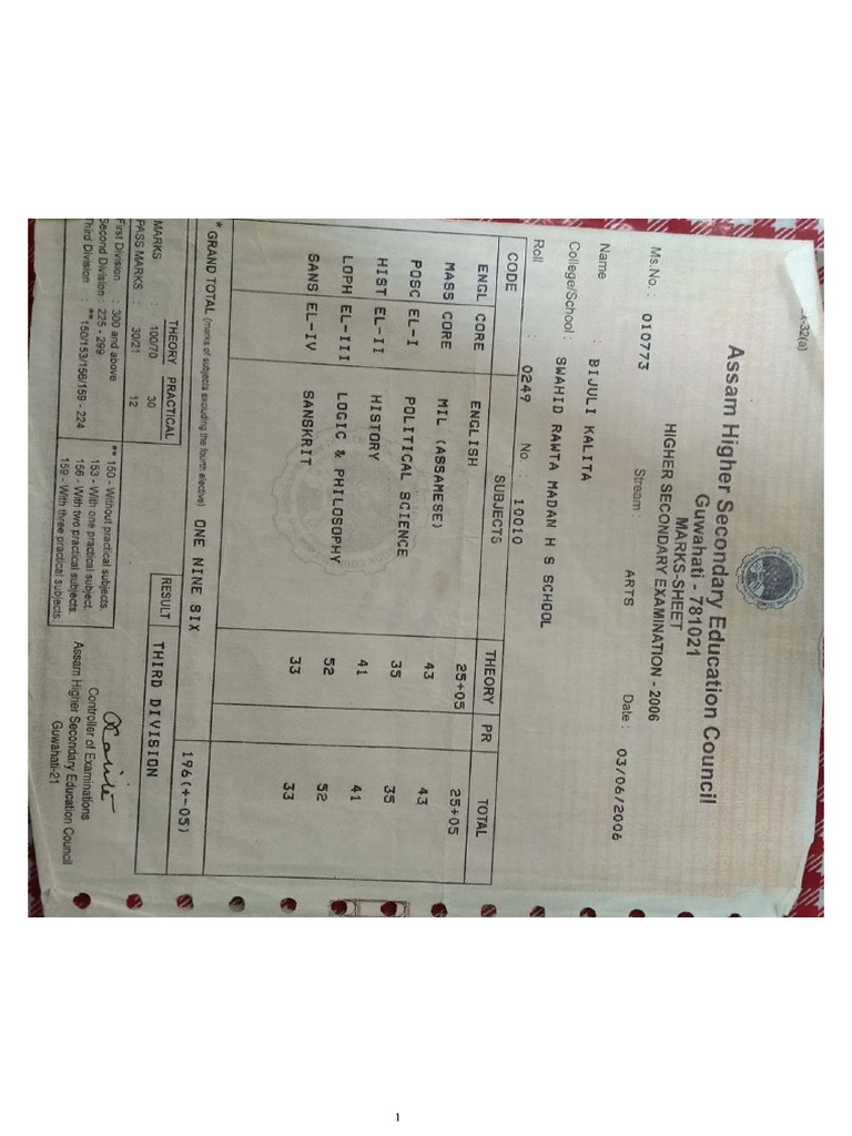 MAMI HIGHER SECONDARY MARKSHEET | PDF