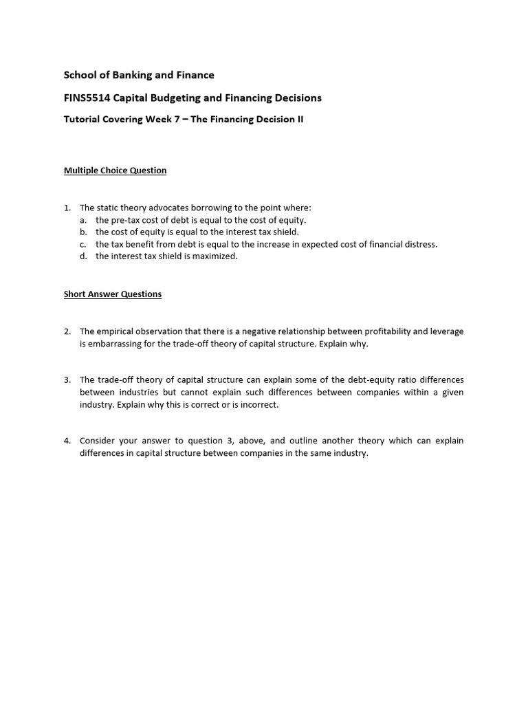 FINS5514 Tutorial Questions Based On Week 7 | PDF