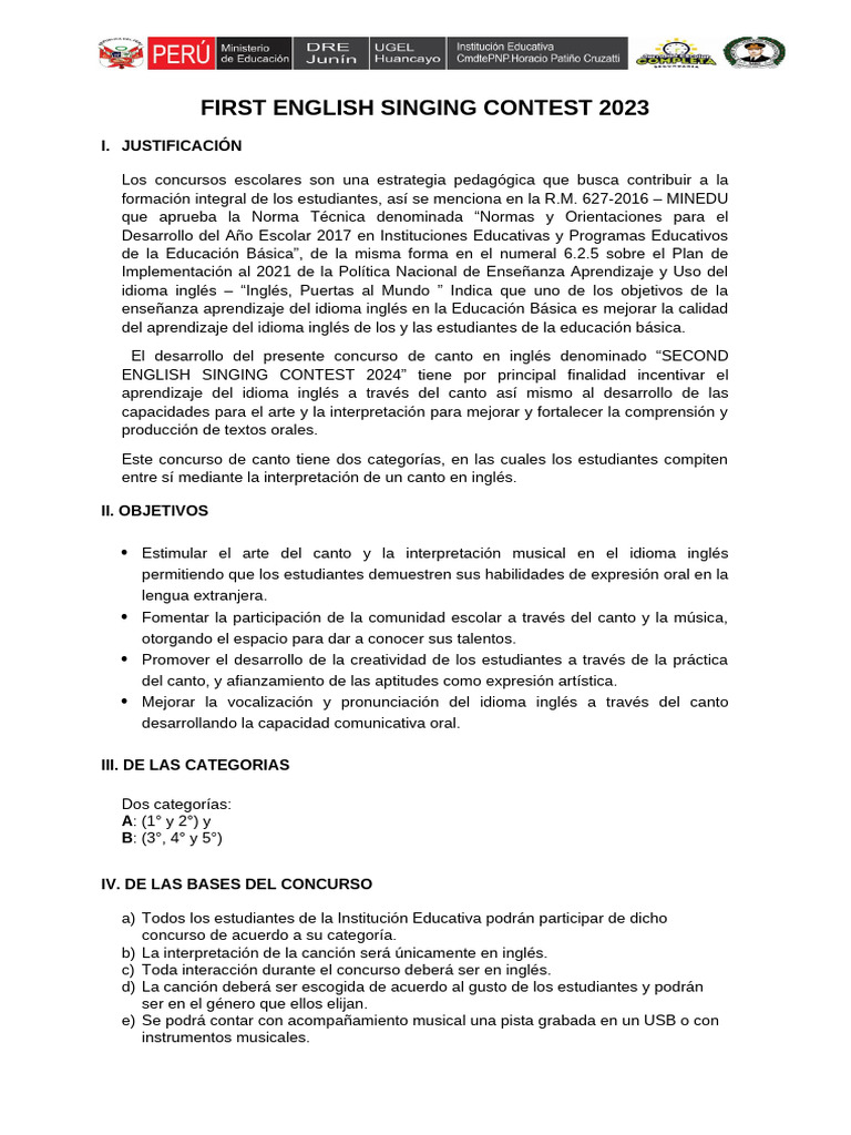 Segundo Concurso de Canto en Inglés 2024 | PDF | Canto | Educación primaria