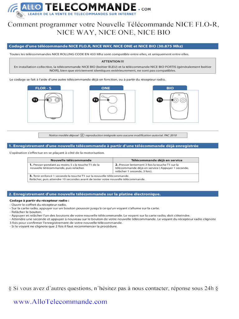 Allotelecommande Notice NICE FLO R NICE ONE | PDF
