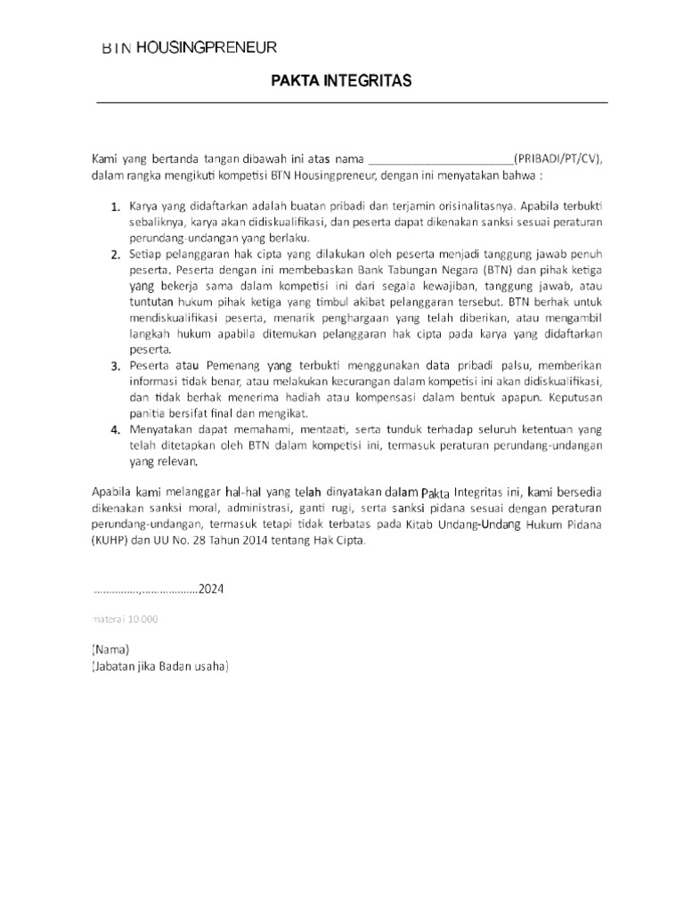 Pakta Integritas - BTNHousingpreneur (1) (1) | PDF