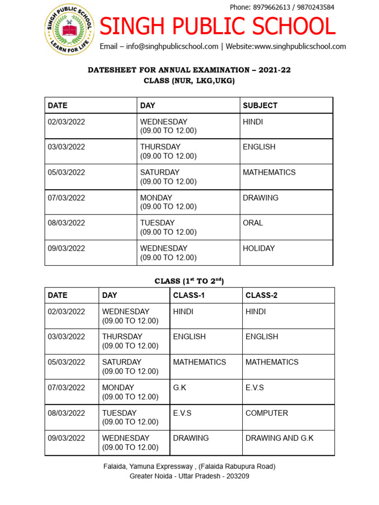 Singh Public School Final Exam Date Sheet Template | PDF