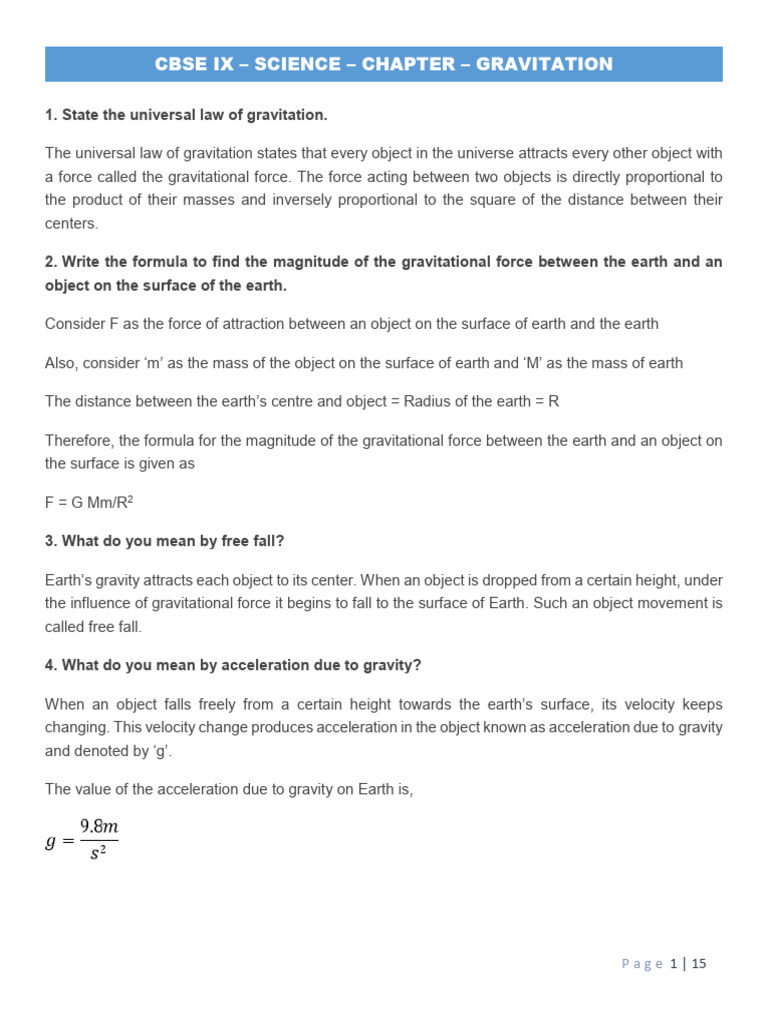 CBSE IX - Science - Chapter 10 - Gravitation | PDF | Buoyancy | Weight