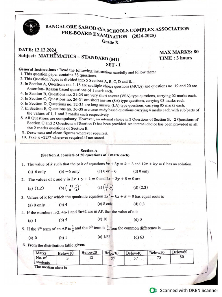 SAHODAYA SCHOOL MATHS QP | PDF