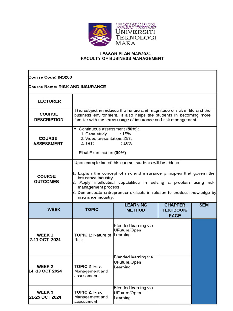 Lesson Plan Ins200 Oct2024 | PDF | Learning | Risk