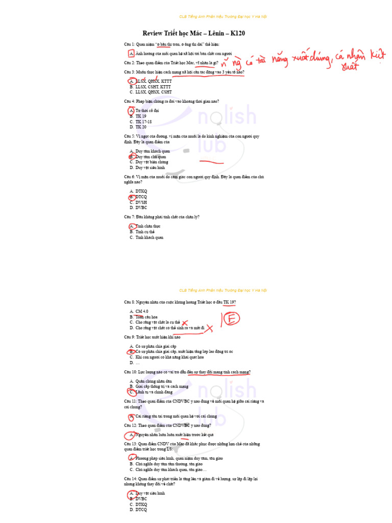 Review Triết học Mác - Lênin - K120: CLB Tiếng Anh Phân hiệu Trường Đại học Y Hà Nội | PDF