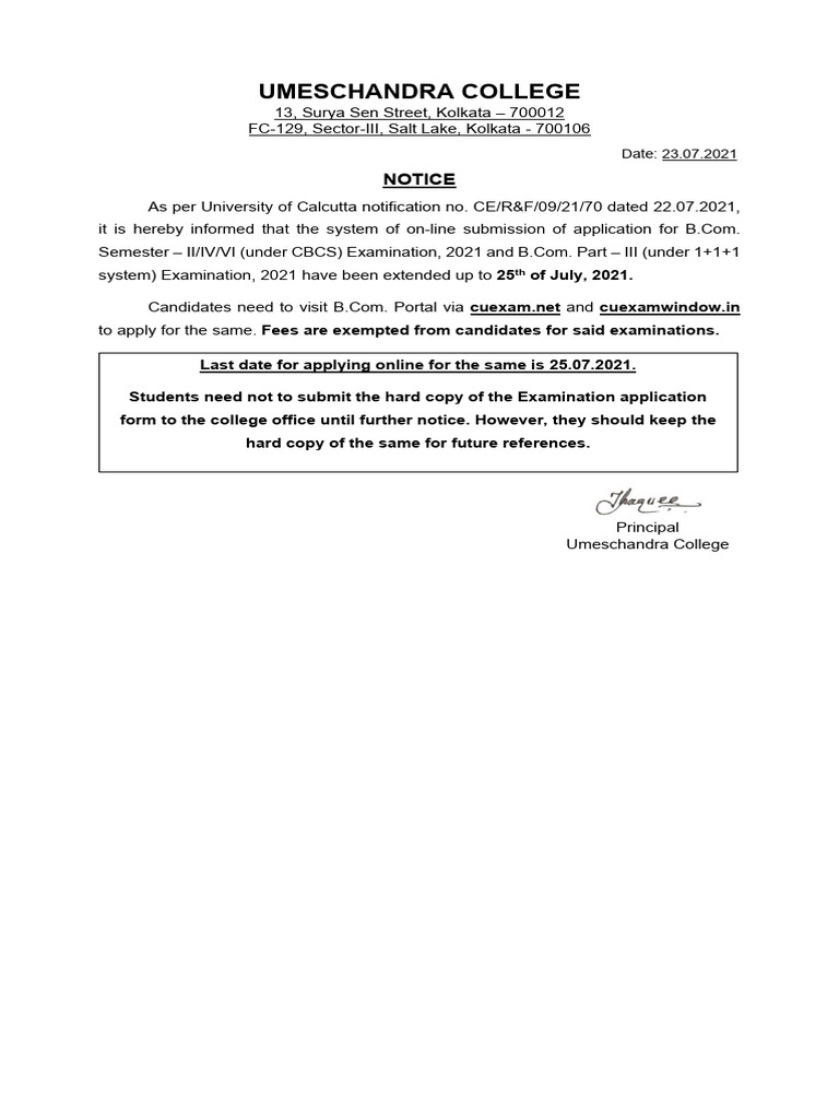 Umeschandra College B.Com Exam Notice | PDF