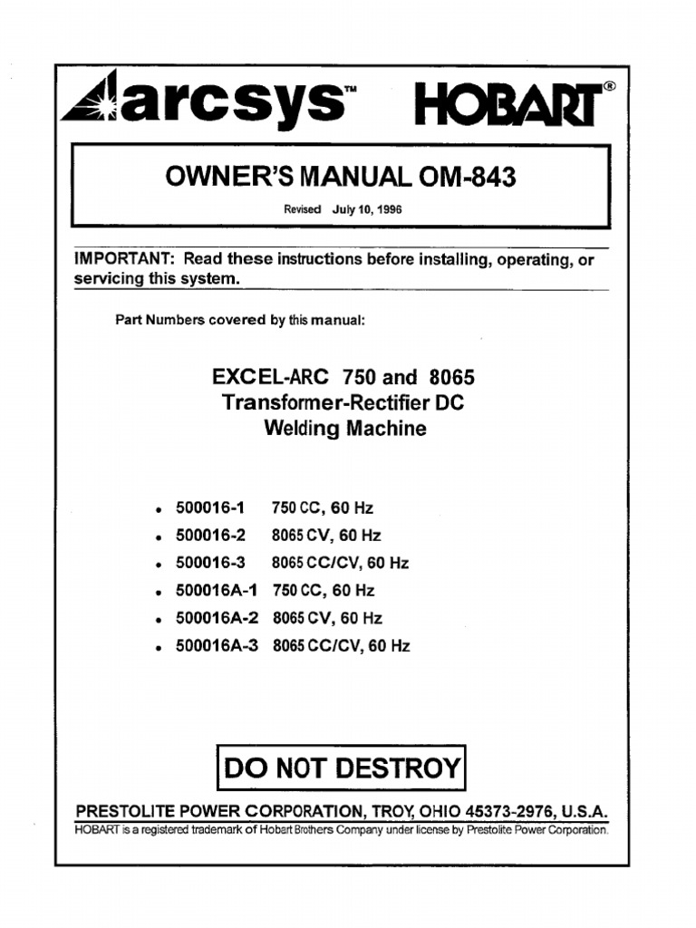 Excel-Arc 750 8065 OM-843 Spec#500016-1-2-3 500016A-1A-2A-3 | PDF