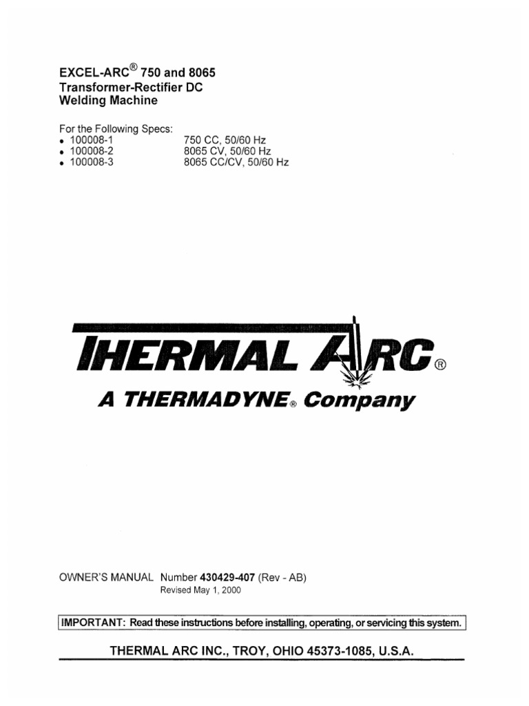 Excel-Arc 750 and 8065-100008 Series Operators Manual (430429-407) | PDF