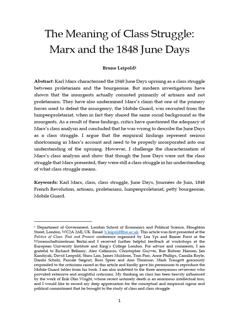 The Meaning of Class Struggle Marx and The 1848 June Days Final 2 | PDF ...