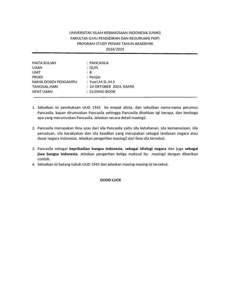 Quis Pancasila untuk Mahasiswa Penjas UNIKI | PDF