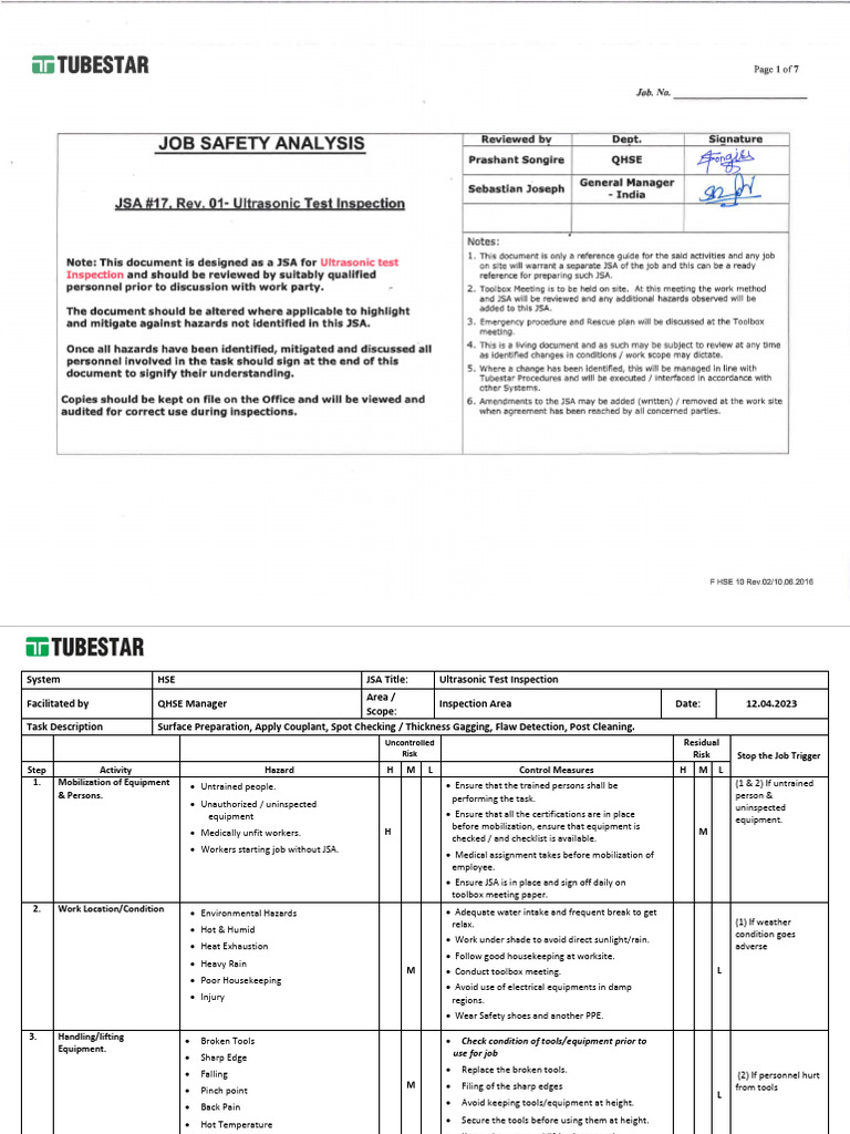 JSA - #17 Rev.01 - Ultrasonic Testing Inspection | PDF | Personal ...