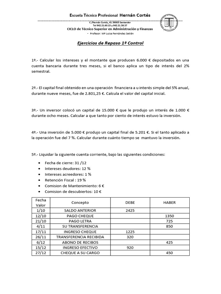 Ejercicios de Repaso 1º Control | PDF | Interés | Bancos