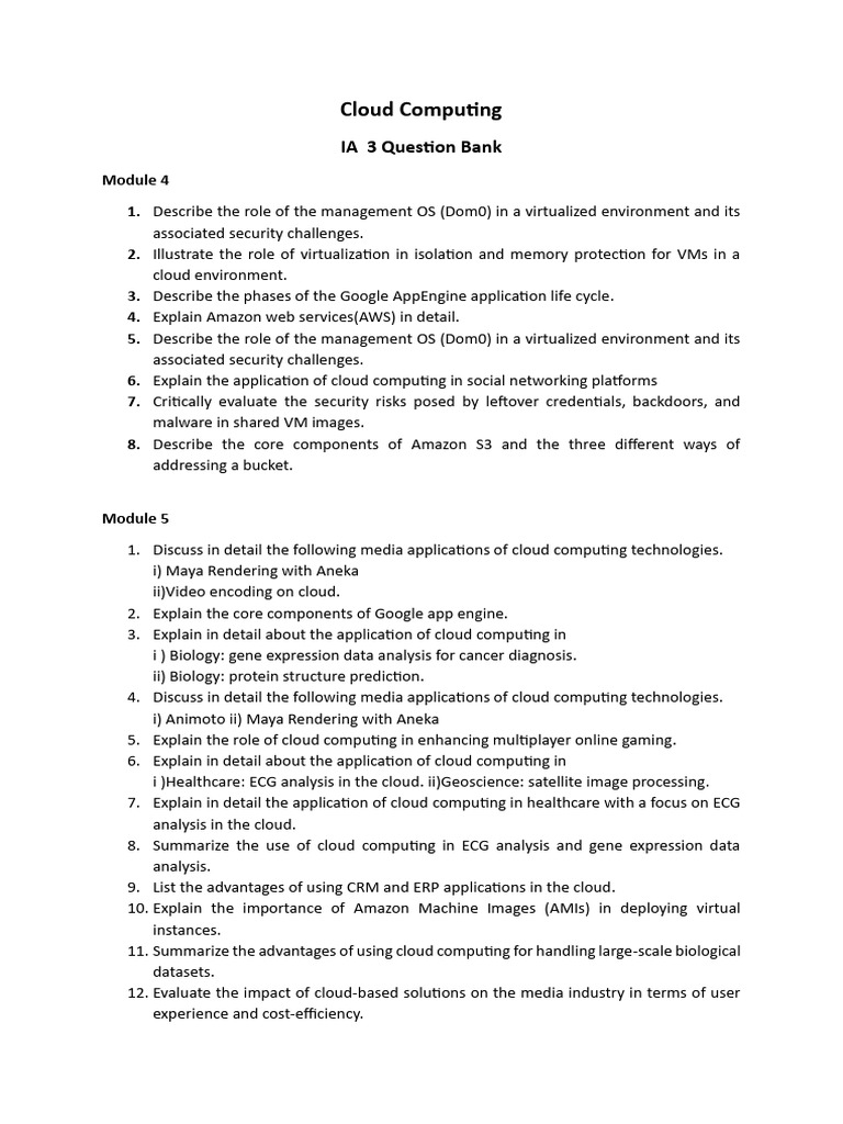 Cloud Computing Question Bank: Modules 4 & 5 | PDF