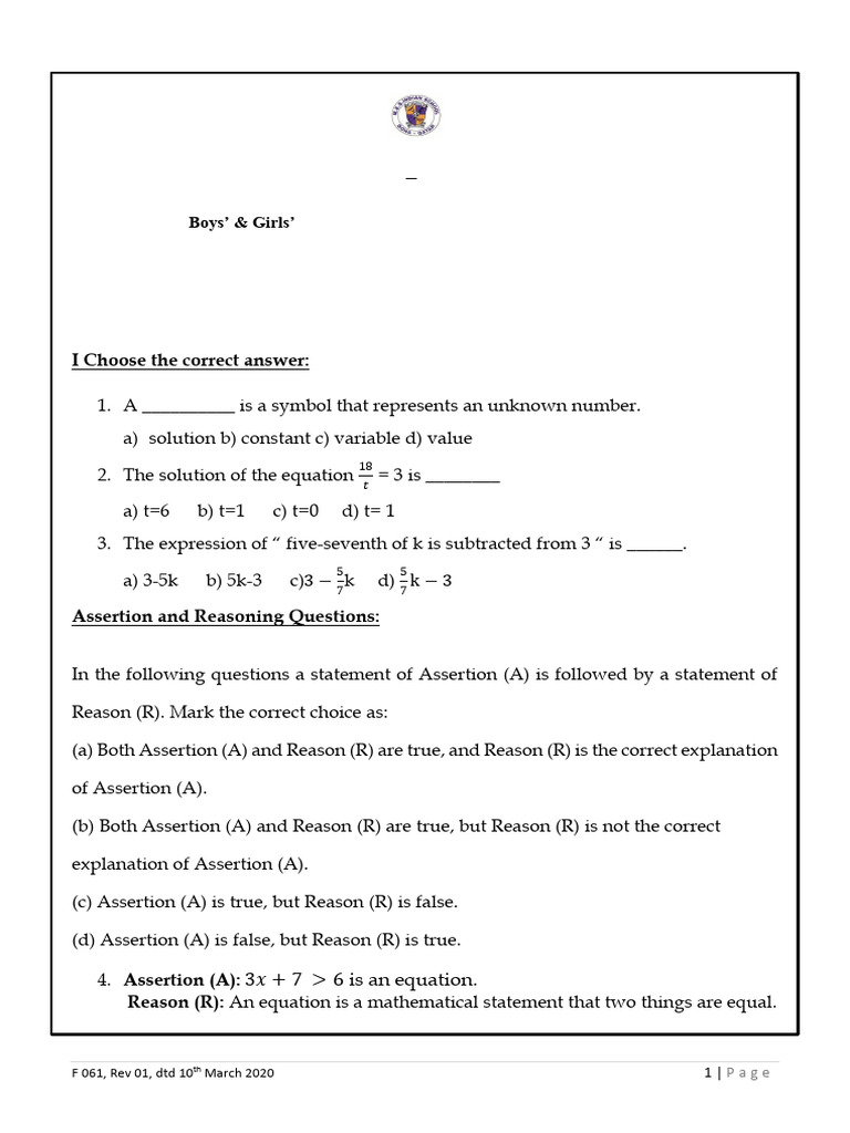 Class 6 Algebra Worksheet 2024-2025 | PDF | Algebra | Equations