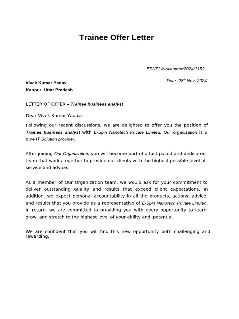 Letter of Training Vivek Yada | PDF | Employment | Jurisdiction