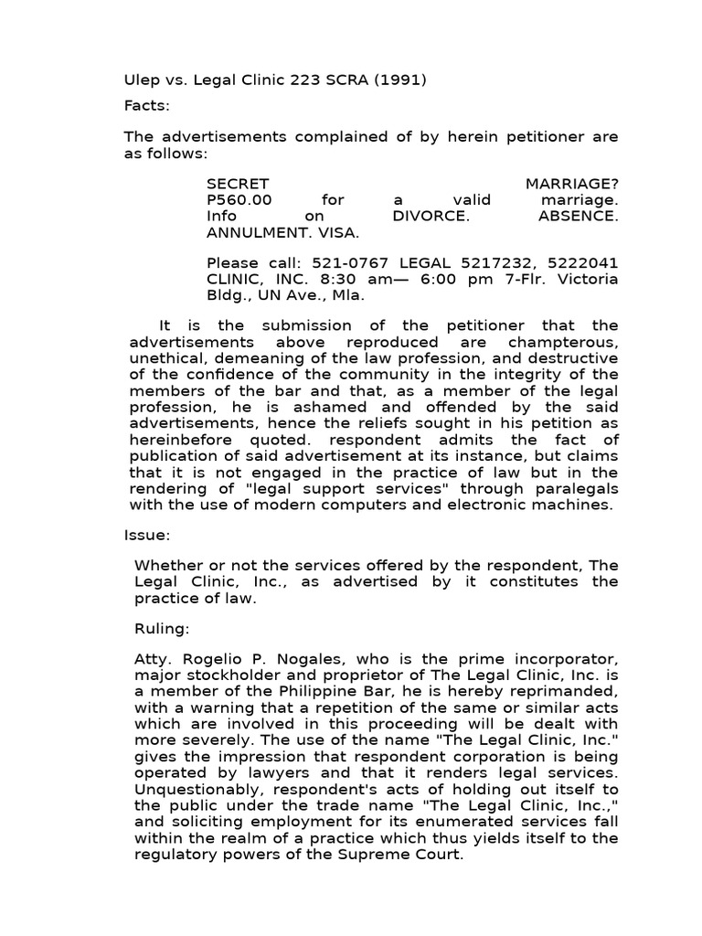 Ulep vs. Legal Clinic 223 SCRA (1991) | PDF