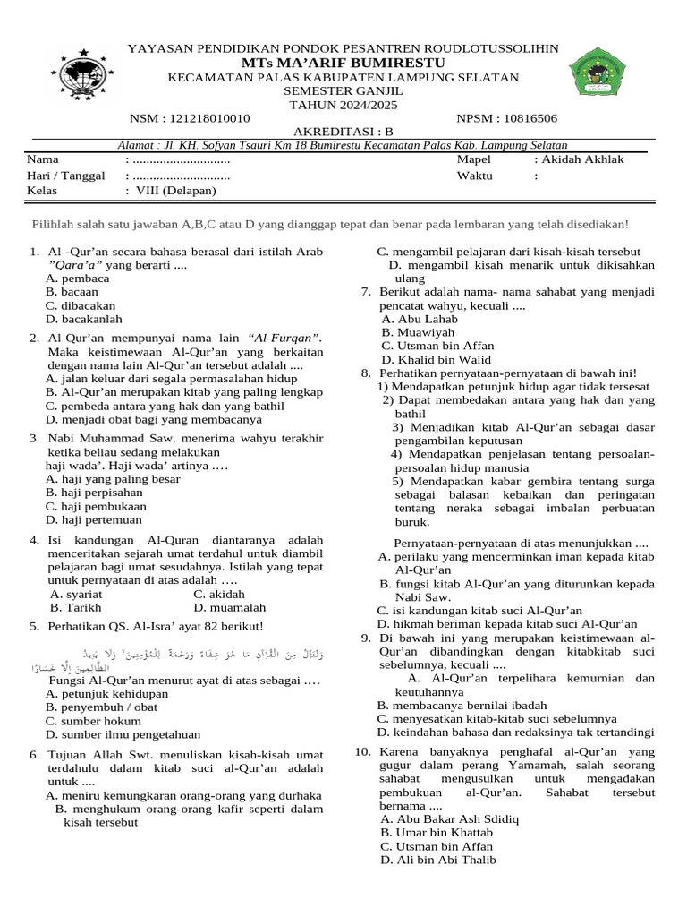 Soal Akidah Akhlak Kelas VIII 2024 | PDF