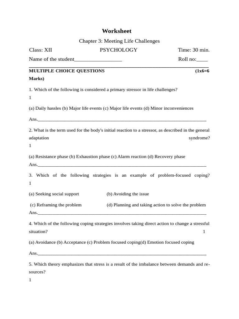 PSY XII Chap.3 Worksheet | PDF | Stress (Biology) | Social Support