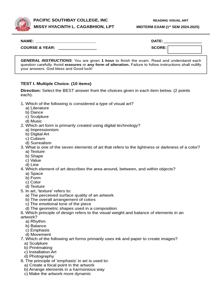 Midterm Exam: Visual Art Concepts | PDF | Realism (Arts) | Composition ...