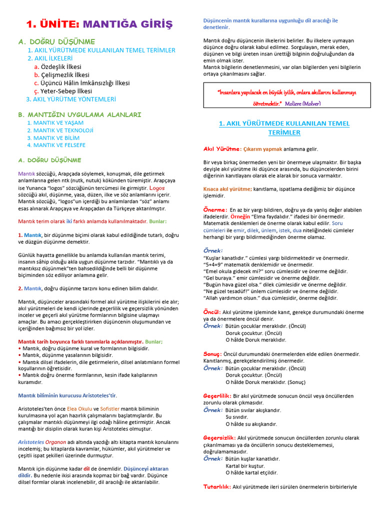 Mantik 1. Üni̇te Ders Notlari | PDF