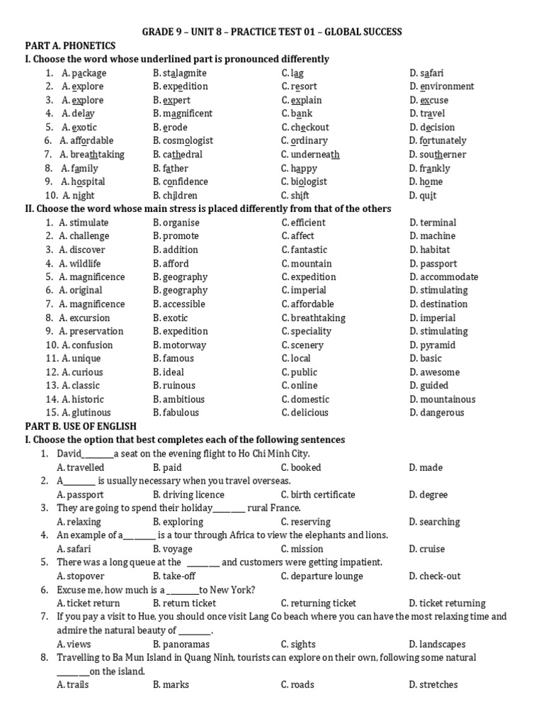 Grade 9 Unit 8 Practice Test | PDF | Tourism