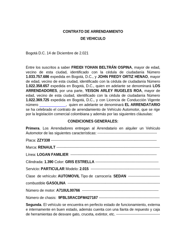 Contrato de Arrendamiento Vehiculo FREIDI YOHAN BELTRAN OSPINA LOGAN ...