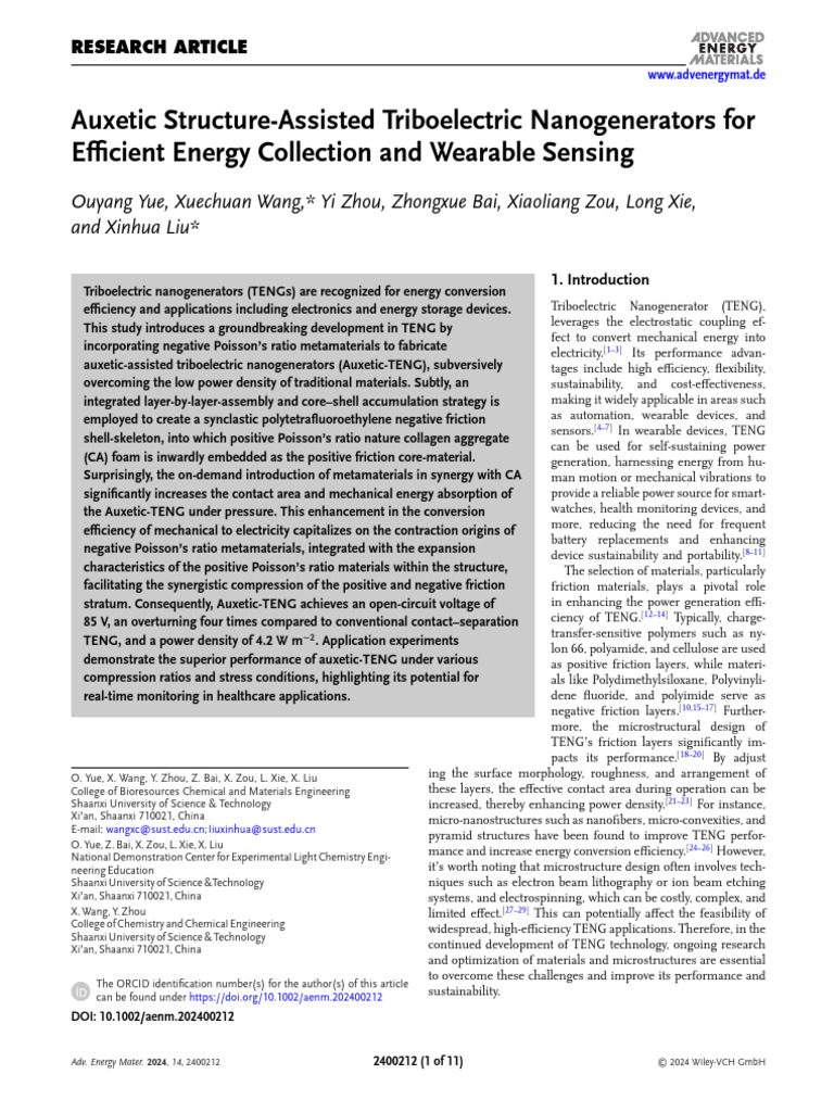 Auxetic Structure-Assisted Triboelectric Nanogener | PDF | Materials Science | Applied And ...