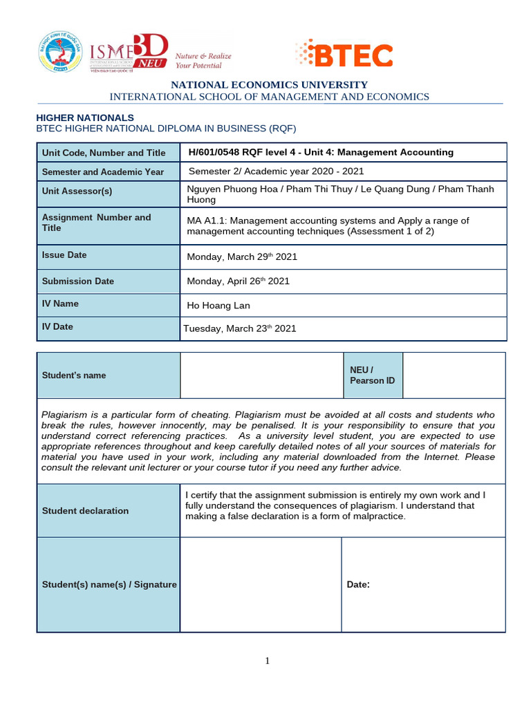 MA Assignment Brief A1.1 SPRING 2021 | PDF | Inventory | Cost Of Goods Sold