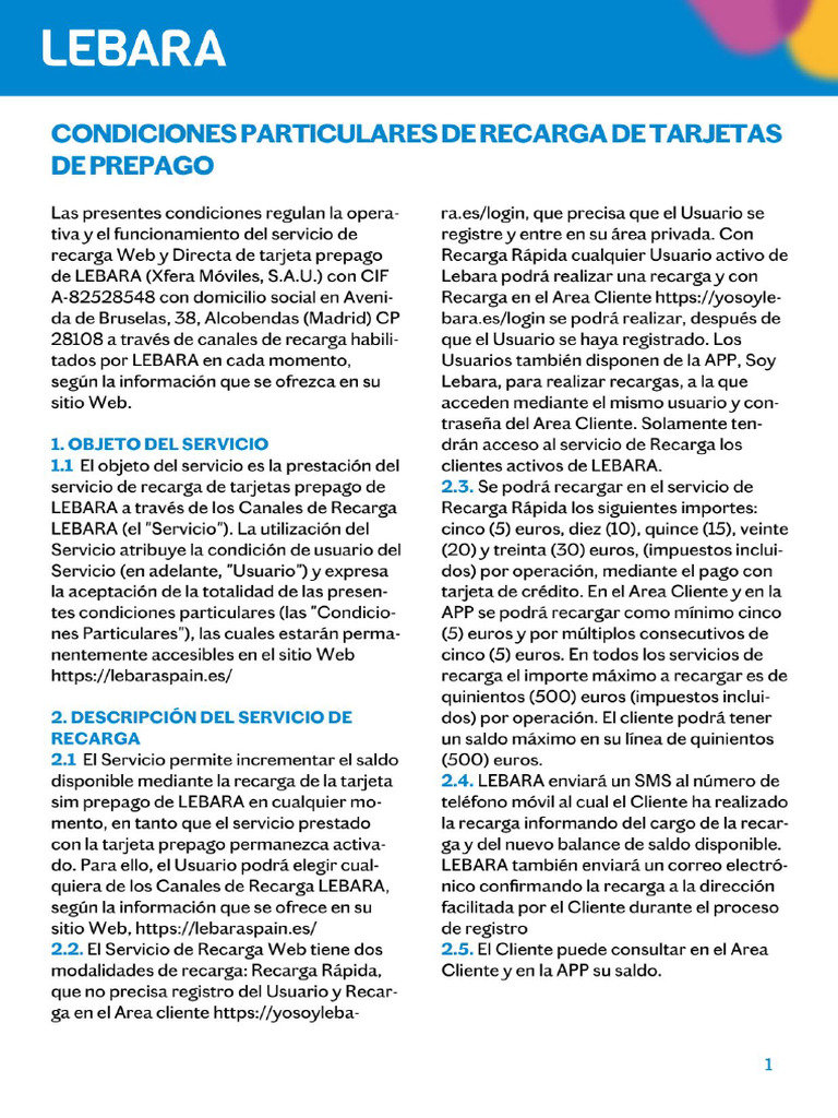 Condiciones Particulares Recarga Lebara | PDF