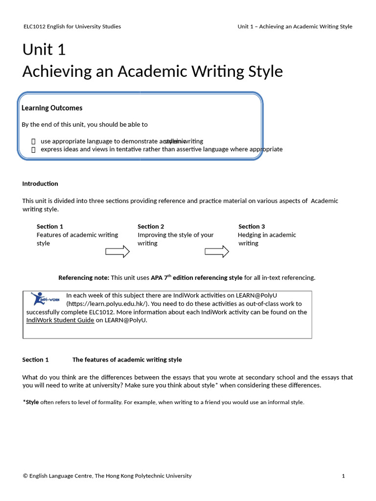 ELC1012 Unit 1 Achieving An Academic Writing Style | PDF | English ...
