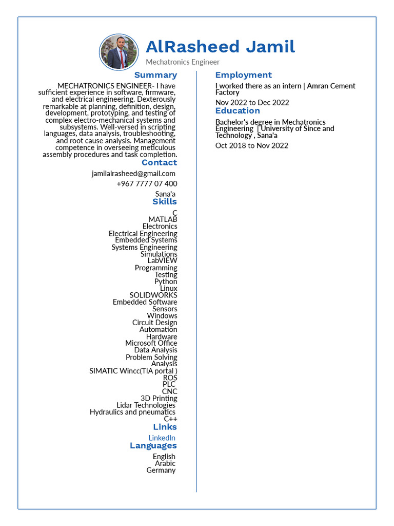 Alrasheed Jamil Resume (4) | PDF | Mechatronics | Computer Engineering