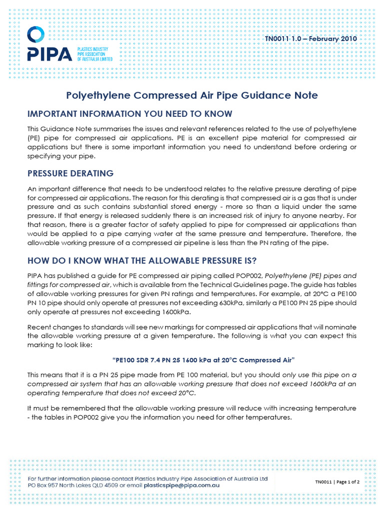 TN011 - Polyethylene Compressed Air Pipe Guidance Note February 2010 ...